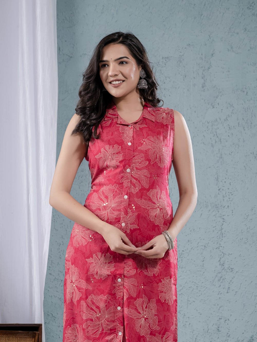 Raspberry Rayon Foil Floral Printed Collar Straight kurta with Palazzo ...